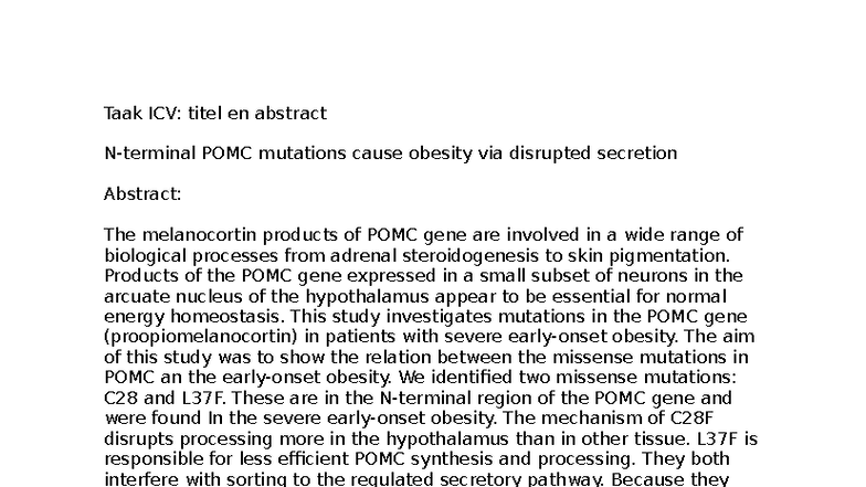 POMC Mutations and Obesity: Disrupted Secretion Mechanisms - Studocu