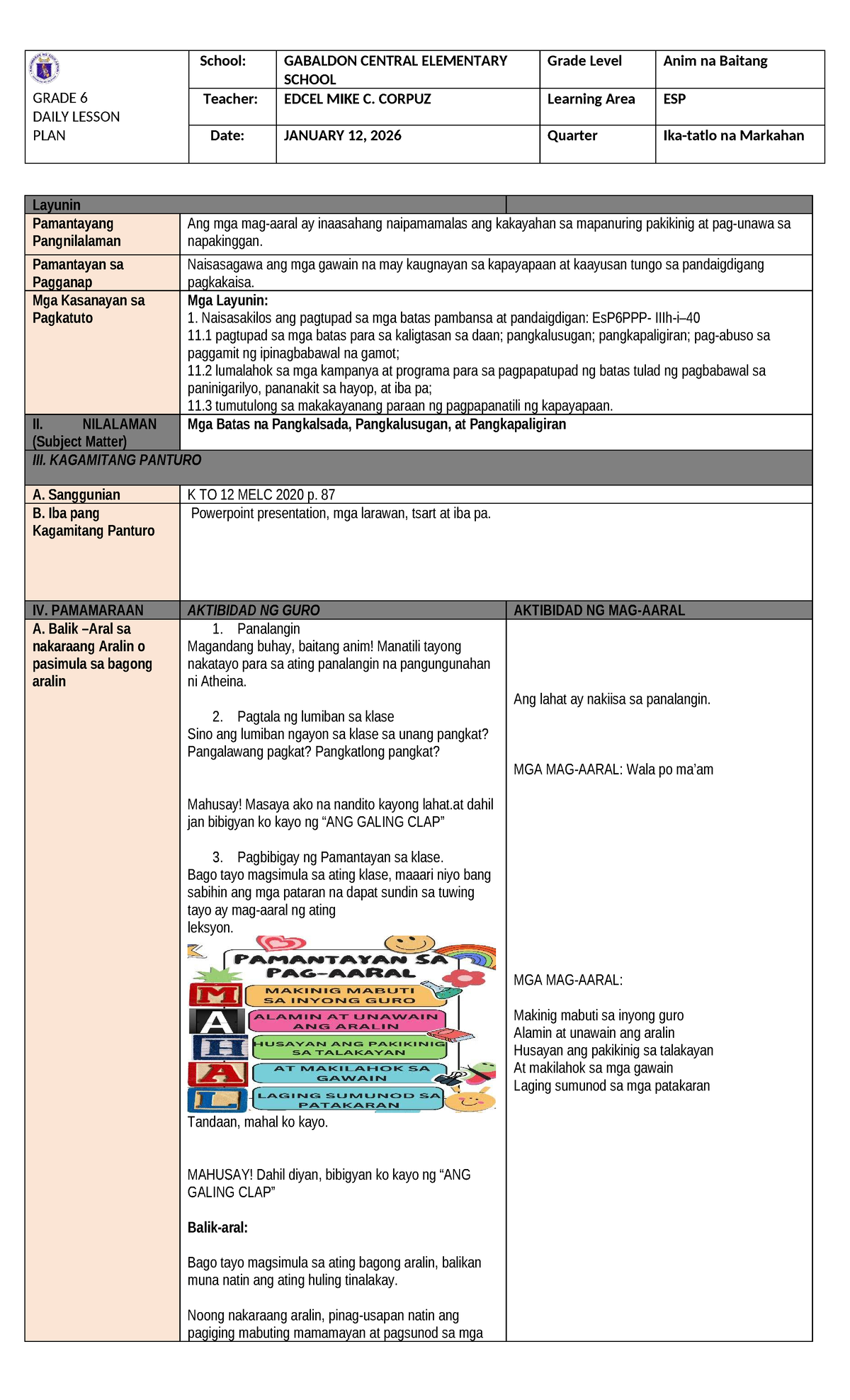 Grade 6 ESP Daily Lesson Plan: Peace and Law Awareness - Studocu