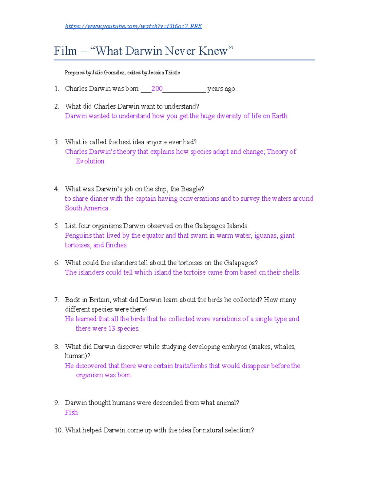 Lab 10 Worksheet: Insights from "What Darwin Never Knew" Film - Studocu