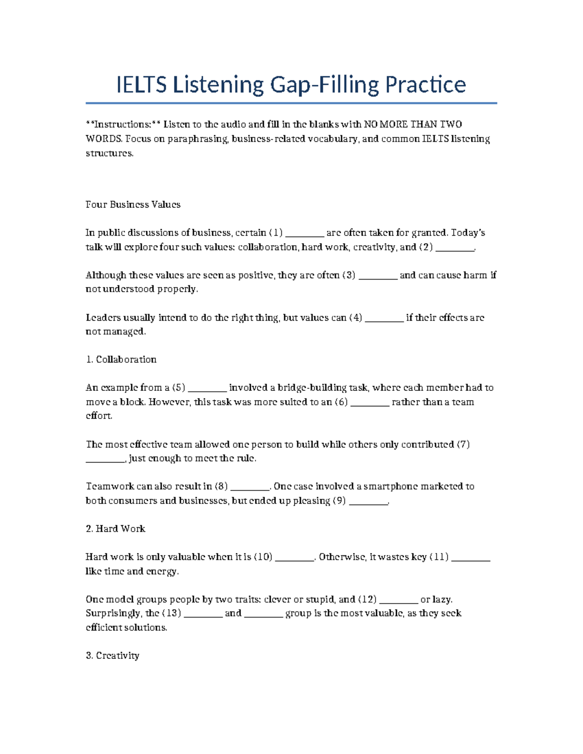 IELTS Listening Practice: Business Values Gap Filling Exercise - Studocu