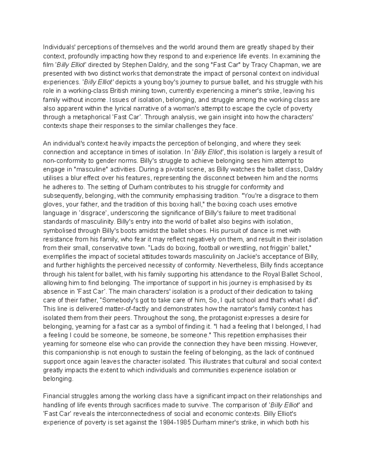 Billy Elliot vs. Fast Car: Analyzing Context and Belonging in Society ...