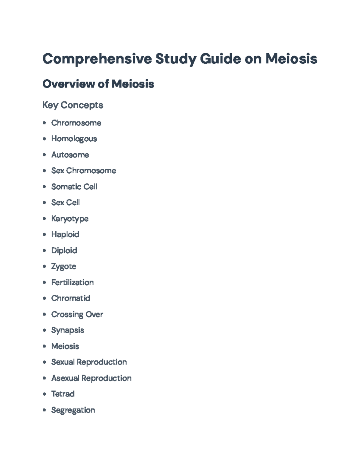Comprehensive Study Guide: Meiosis Overview & Key Concepts (BIOL101 ...