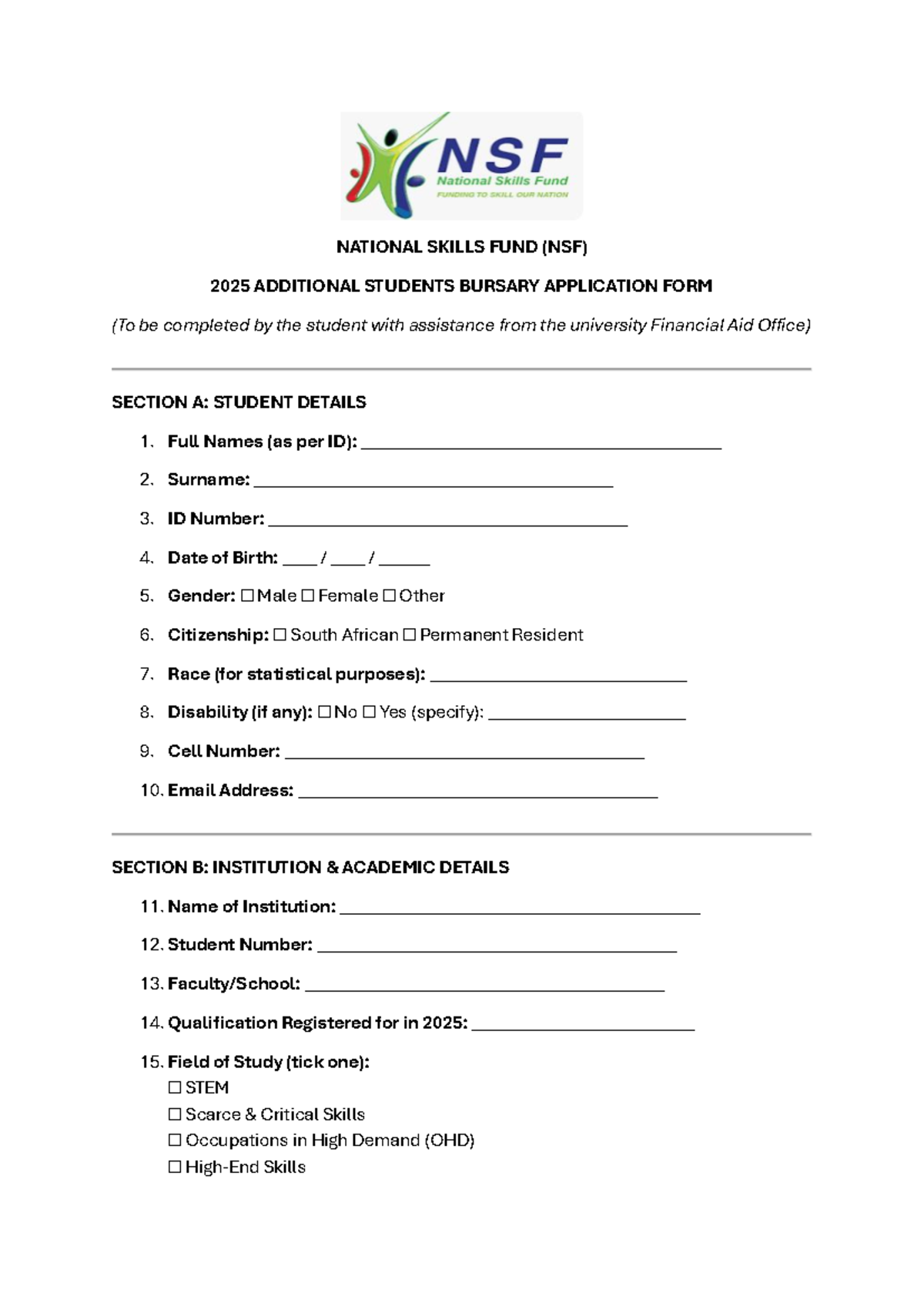 NSF 2025 Bursary Application Form for Students - Studocu