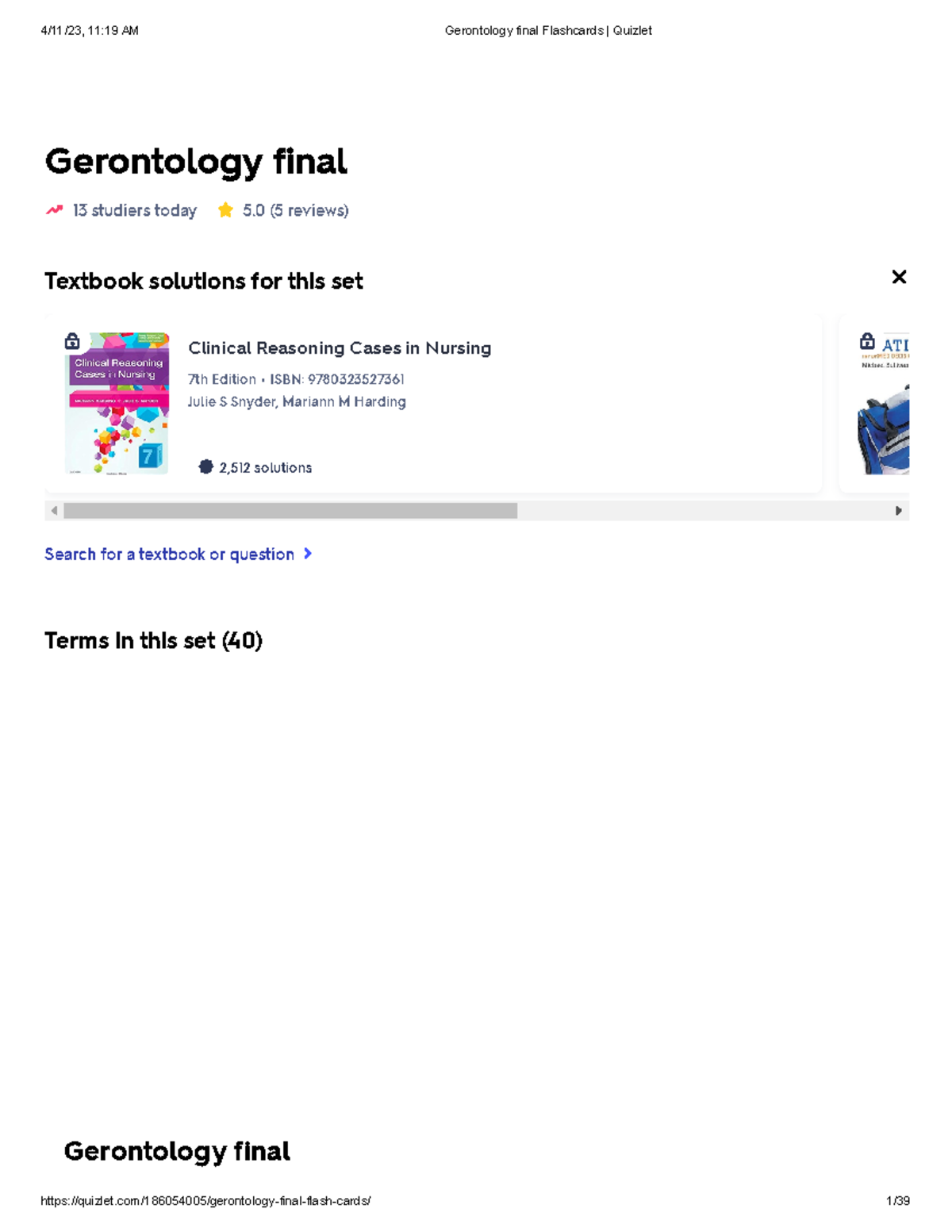 Gerontology (NUR 101) Final Exam Flashcards Overview - Studocu