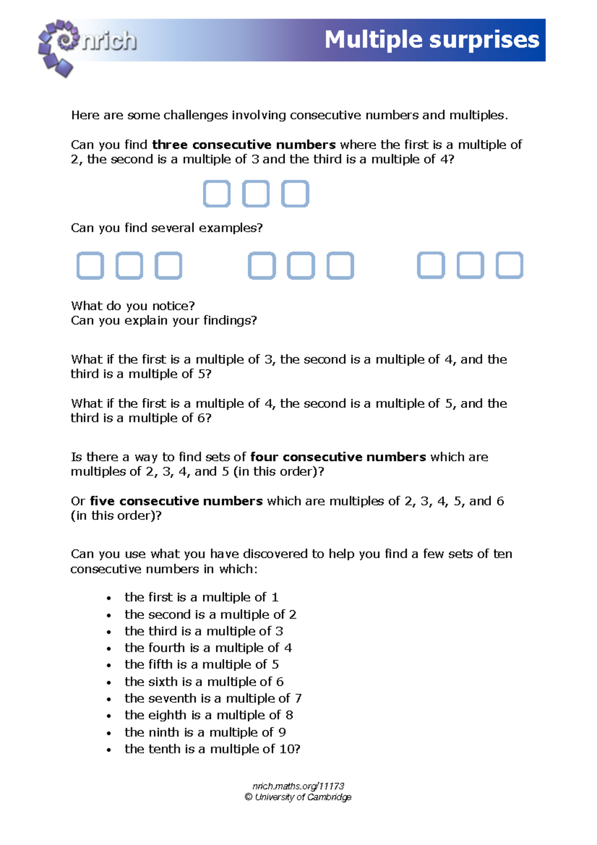 Consecutive Numbers & Multiples Challenges - UCam Notes - Studocu