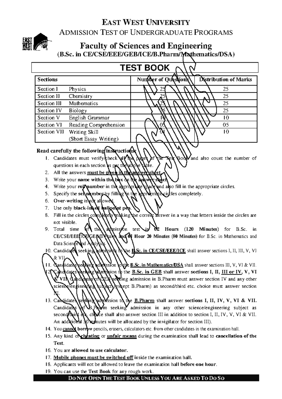 EAST WEST UNIVERSITY B.Sc. Admission Test Guidelines and Instructions ...