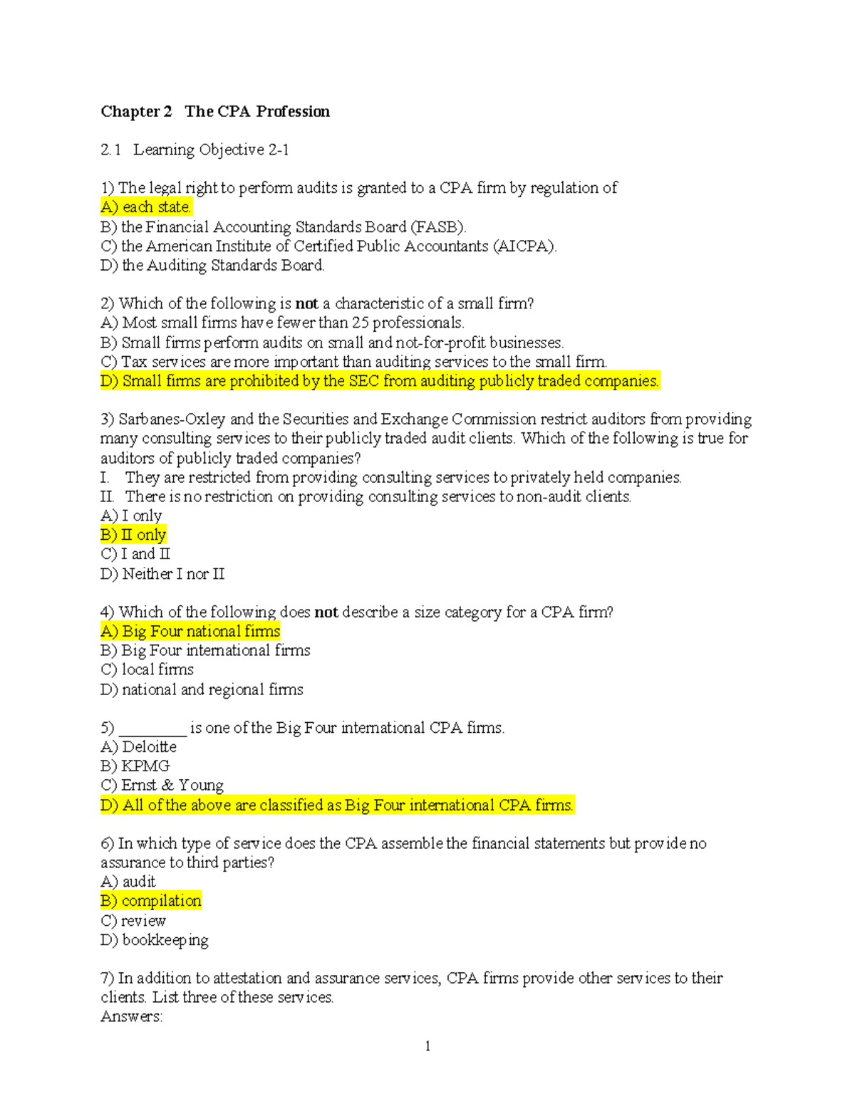[ Kittc*] chapter 02 questions (partial) - Chapter 2 The CPA Profession ...