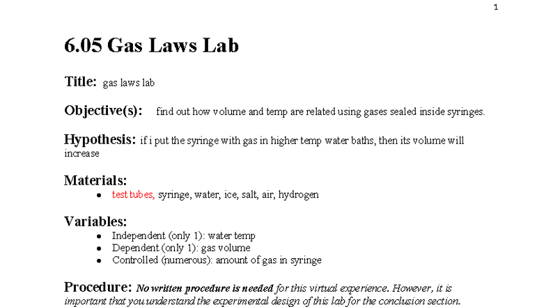 6.05 Gas Laws Lab - Volume and Temperature Relationship Analysis - Studocu