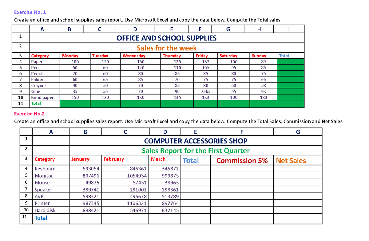 MS Excel Project 7-ruby - Exercise No. 1 Create an office and school ...