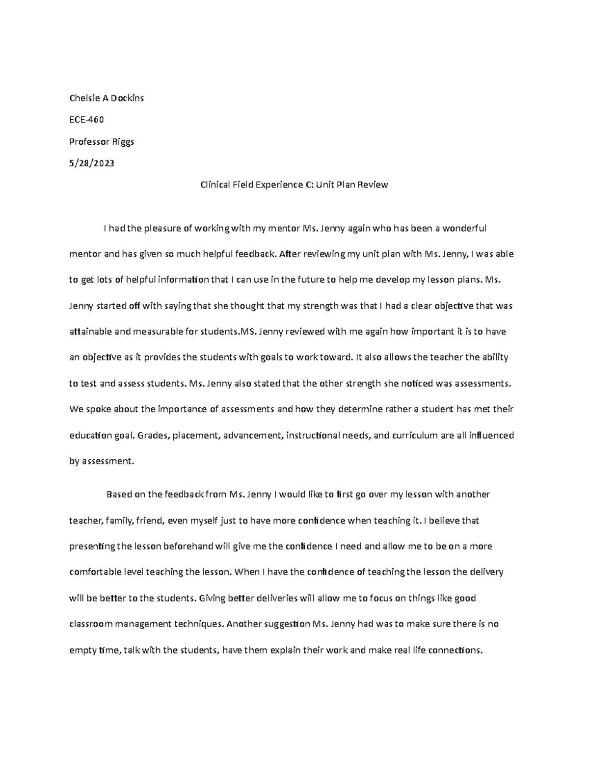 ECE460 clinical C - field exp - Chelsie A Dockins ECE- Professor Riggs ...