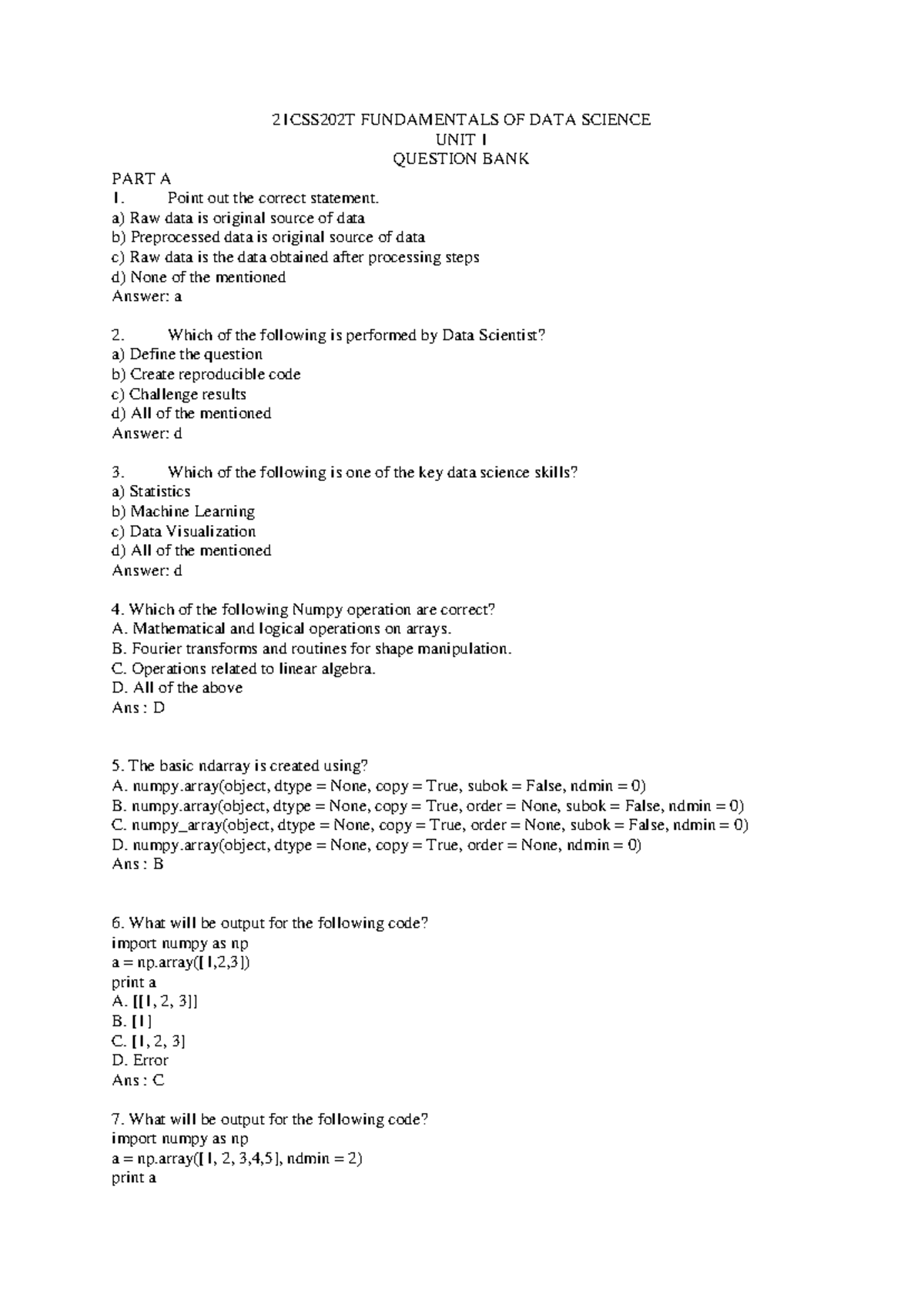 FDS 21CSS202T Unit 1 Question Bank - Data Science Fundamentals - Studocu