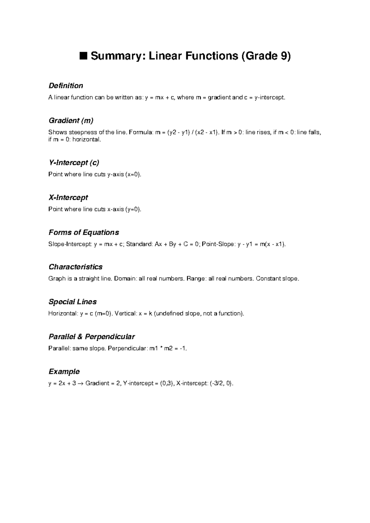 Linear Functions (Grade 9) Summary and Key Characteristics - Studocu