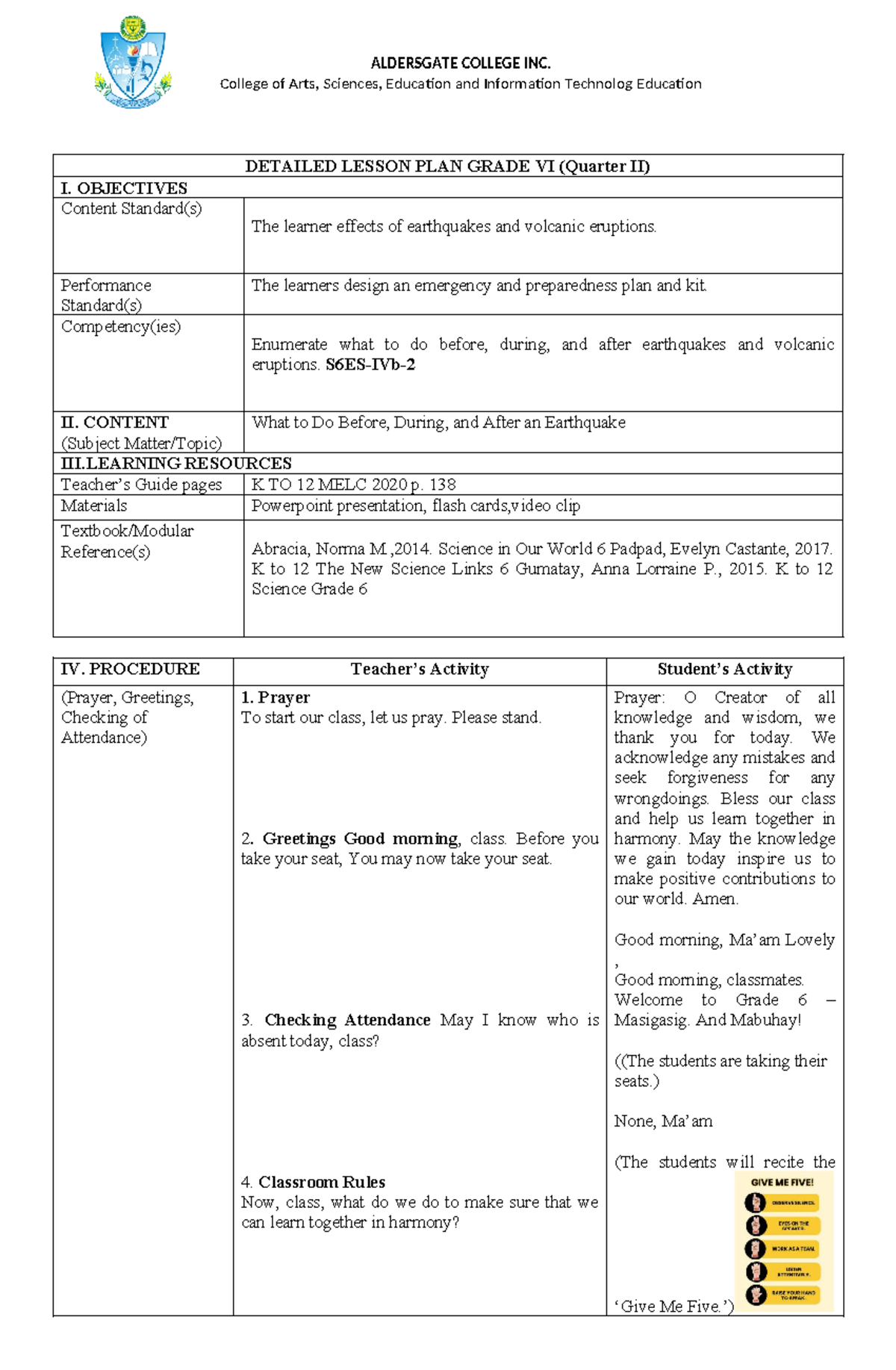 Grade VI Disaster Preparedness Lesson Plan: Earthquake Safety S6ES-IVb ...