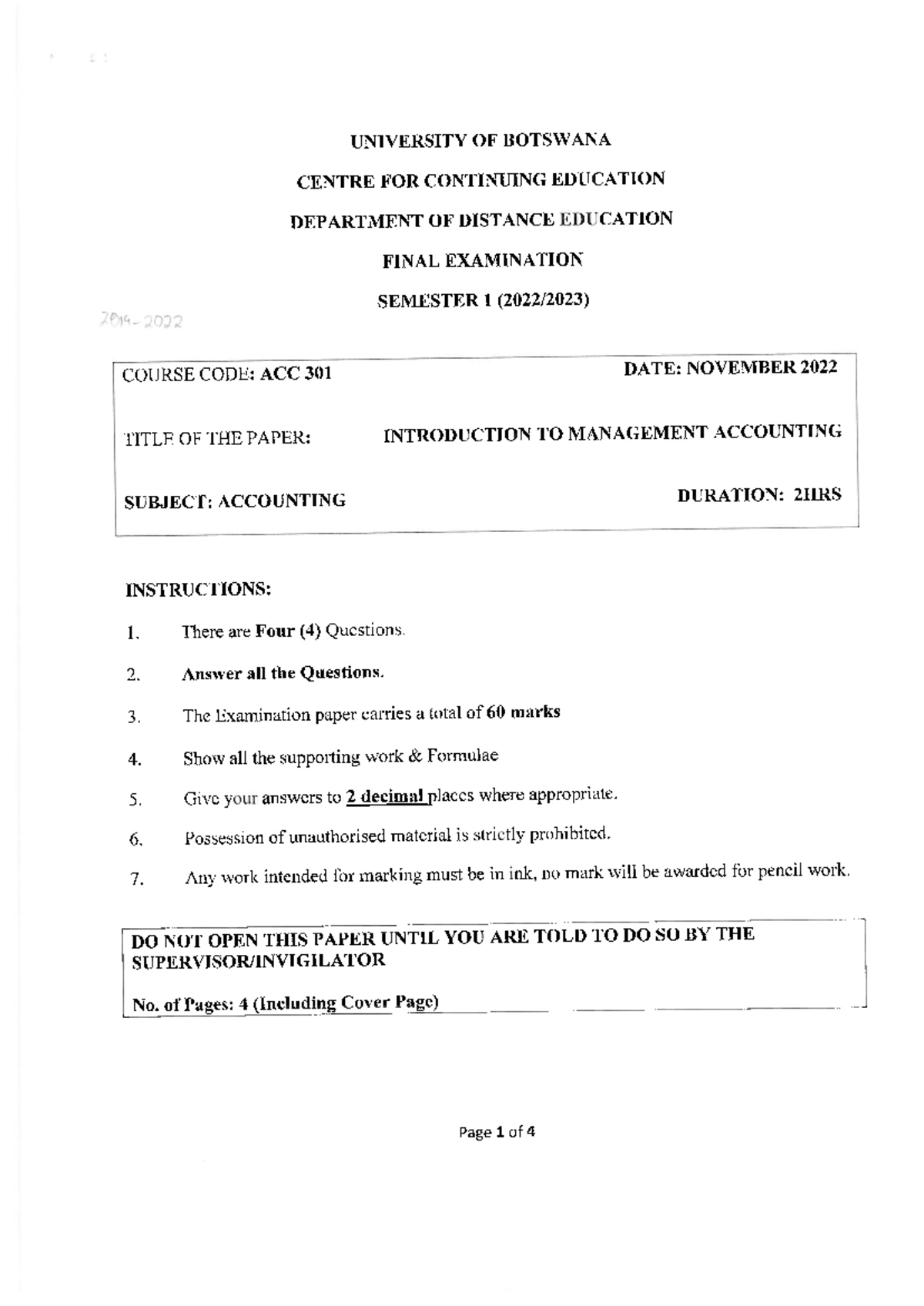 ACC 301 FINAL EXAMINATION: INTRODUCTION TO MANAGEMENT ACCOUNTING - Studocu