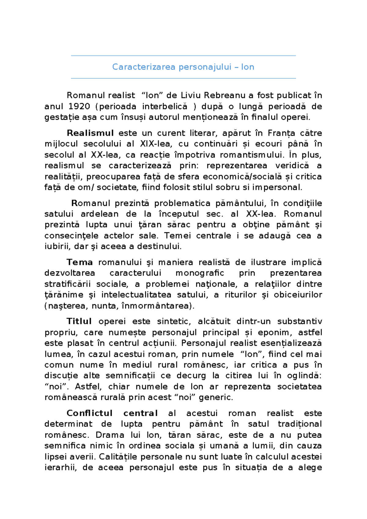 Caracterizarea personajului Ion în romanul lui Liviu Rebreanu - Studocu