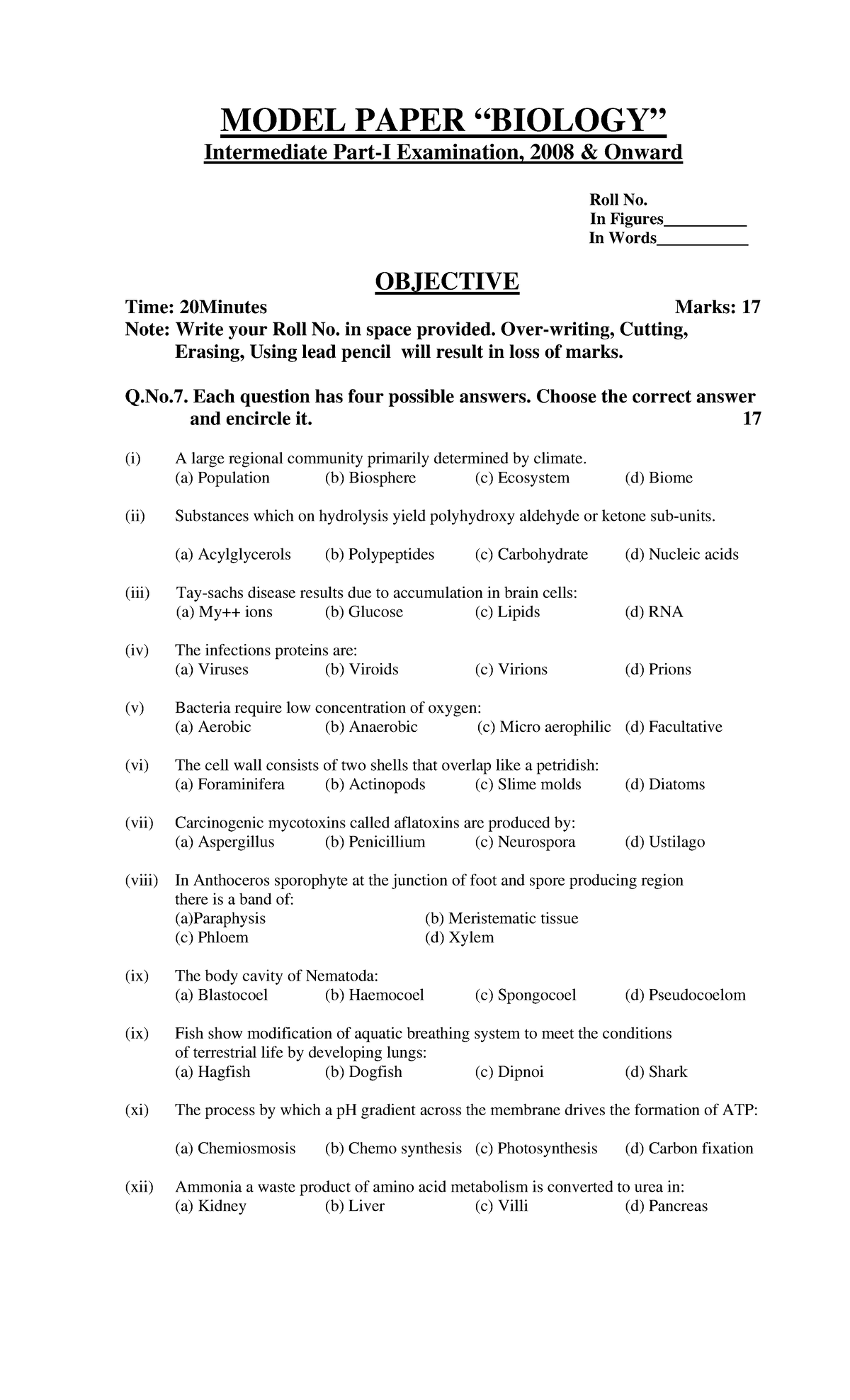 Biology-1st year - nnn - MODEL PAPER “BIOLOGY” Intermediate Part-I ...