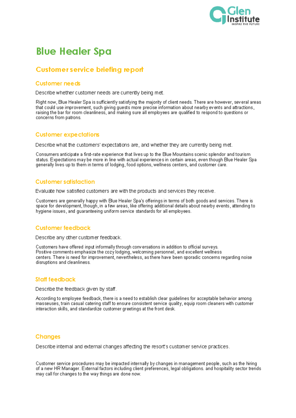 Sitxccs 016 Blue Healer Spa Customer Service Briefing Report - Studocu