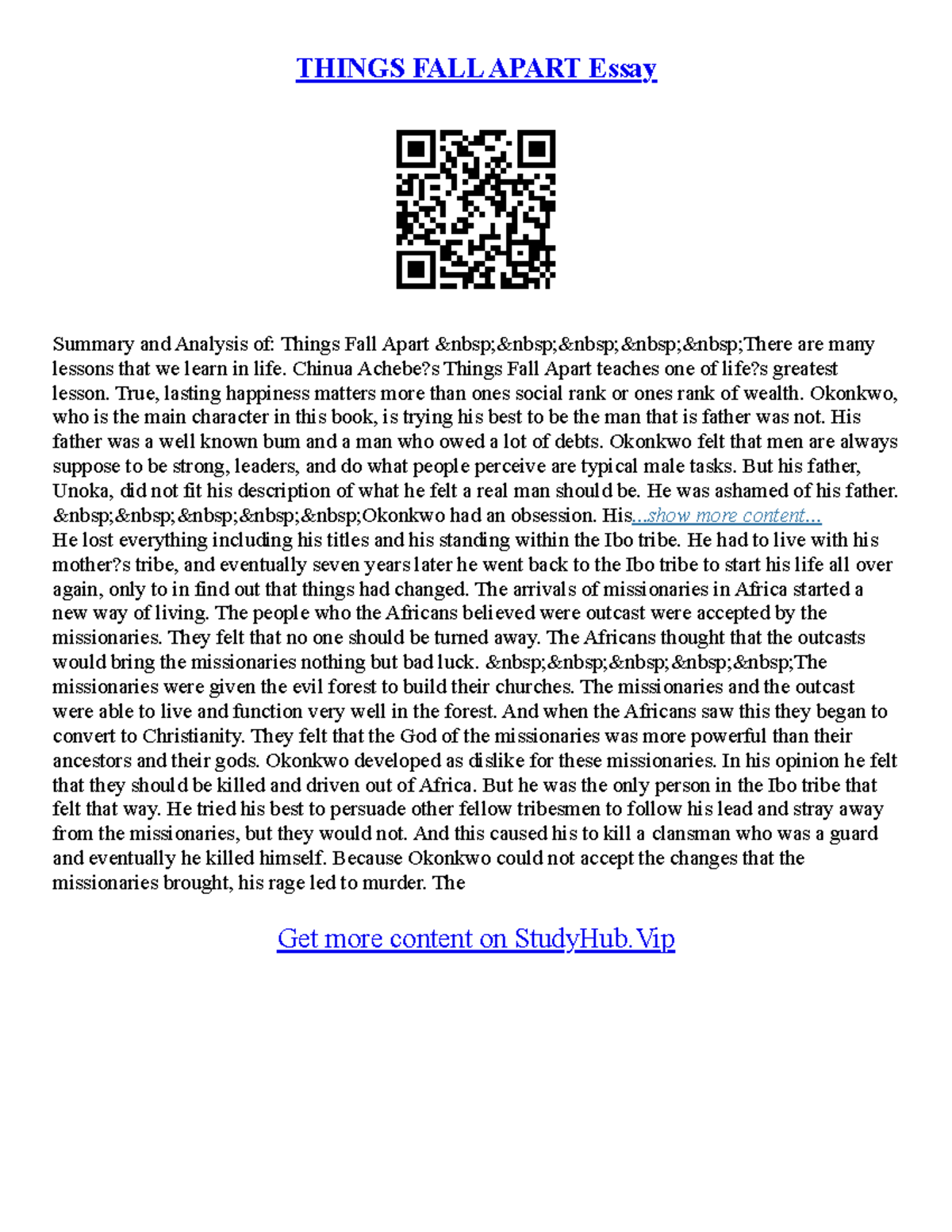Things Fall Apart Essay Topics - THINGS FALL APART Essay Summary and ...