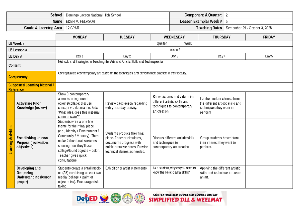 12 CPAR Week 5 Lesson Exemplar: Teaching Arts Techniques - Studocu