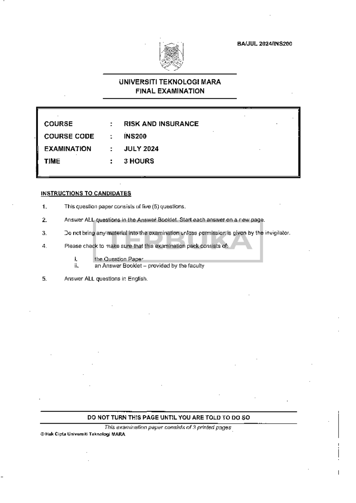 INS200 - Final Exam Questions July 2024 on Risk and Insurance - Studocu