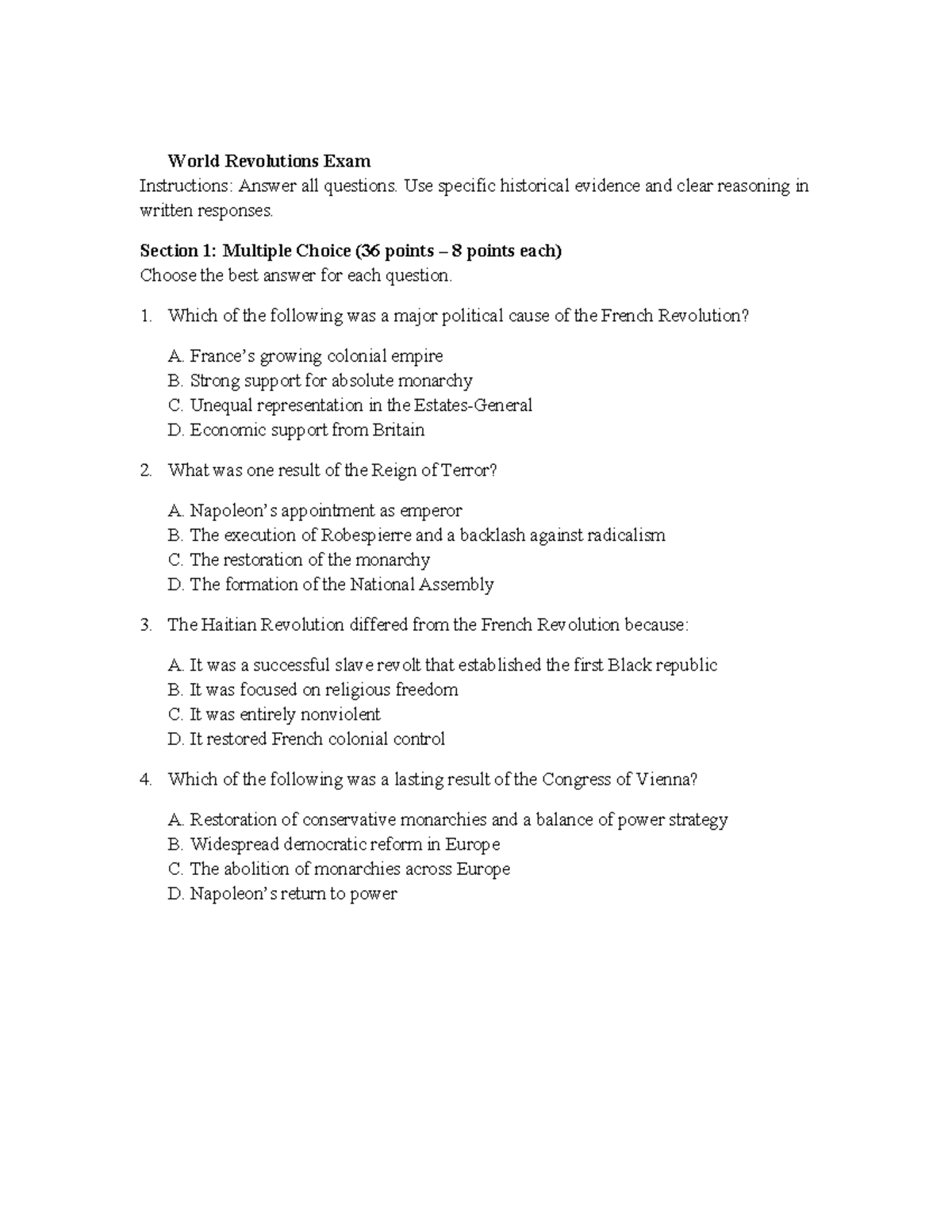 Modern World History (MWH 202) World Revolutions Exam Guide - Studocu