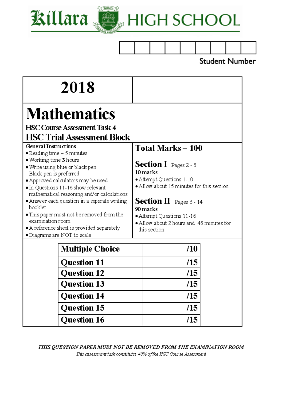 Killara 2018 2U HSC Trial Mathematics Assessment & Solutions - Studocu