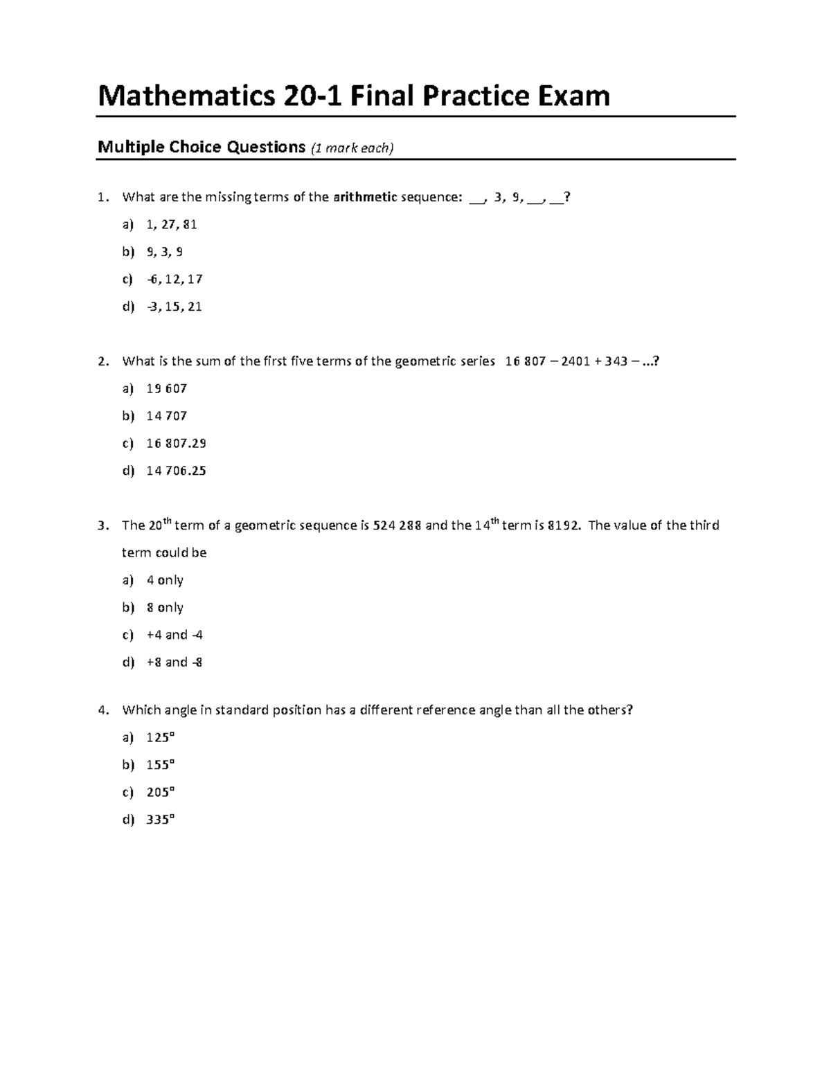 Math 20-1 Final Exam: Comprehensive Practice Questions & Solutions ...