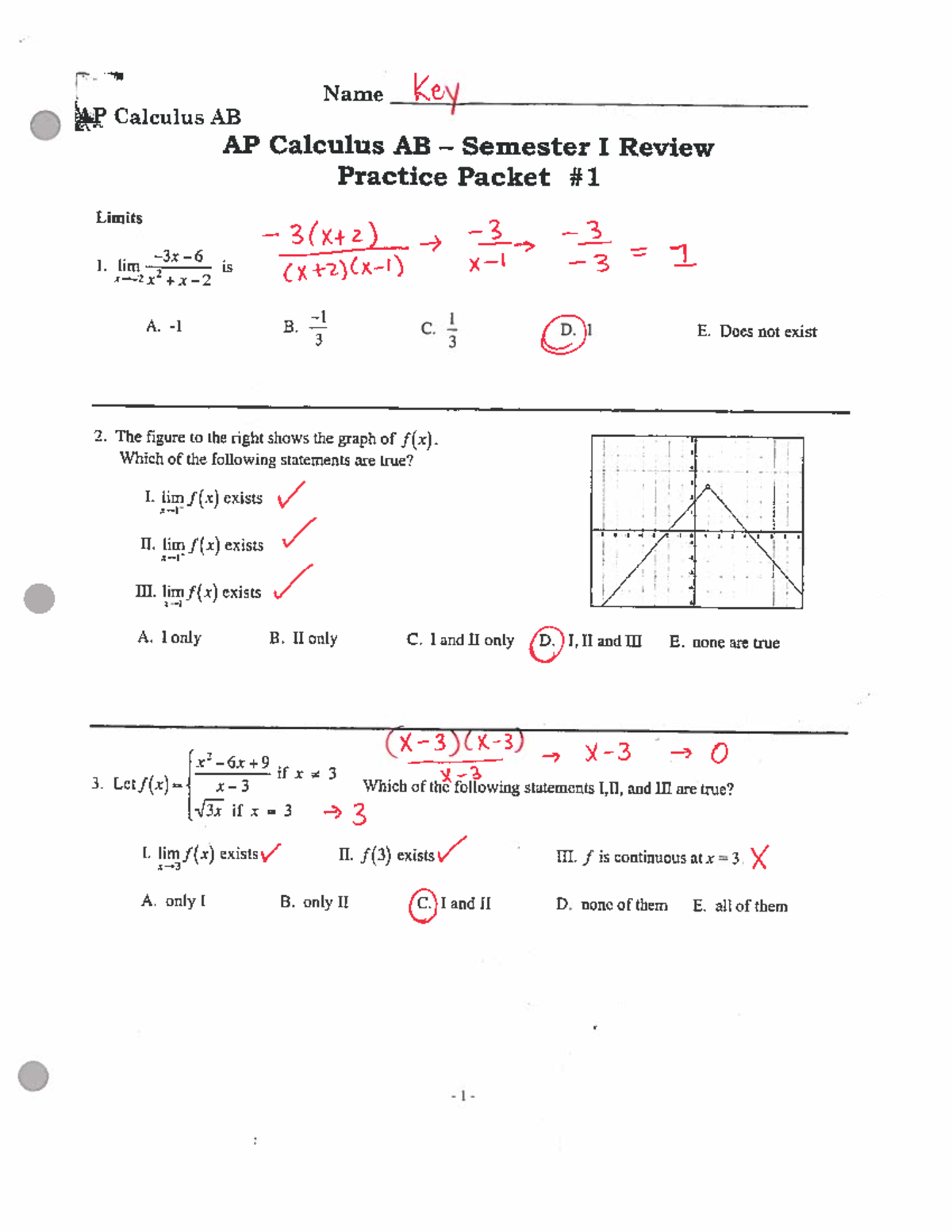 AP Calculus AB Review: Semester I Practice Packet Solutions - Studocu