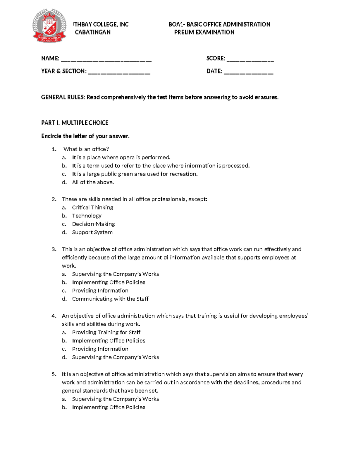 BOA1 Prelim Exam - Office Administration Questions & Answers - Studocu
