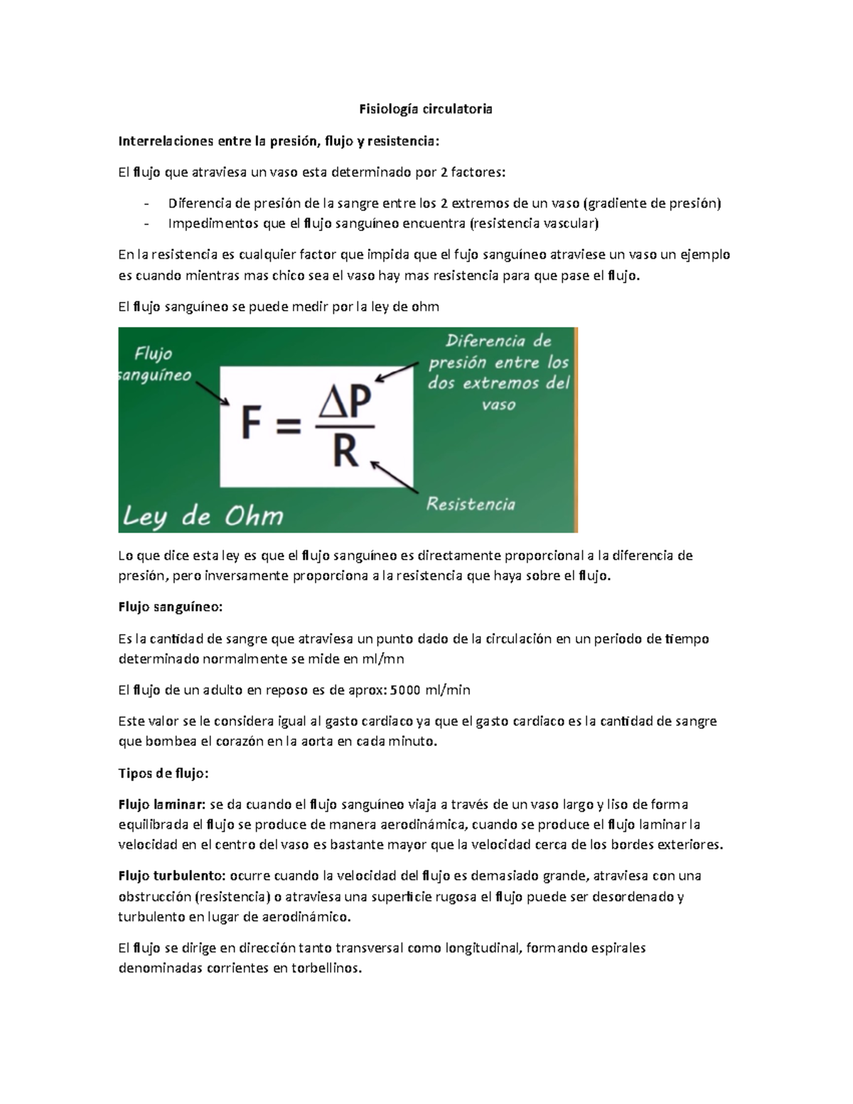 Fisiología Circulatoria: Flujo, Resistencia y Presiones Venosas - Studocu