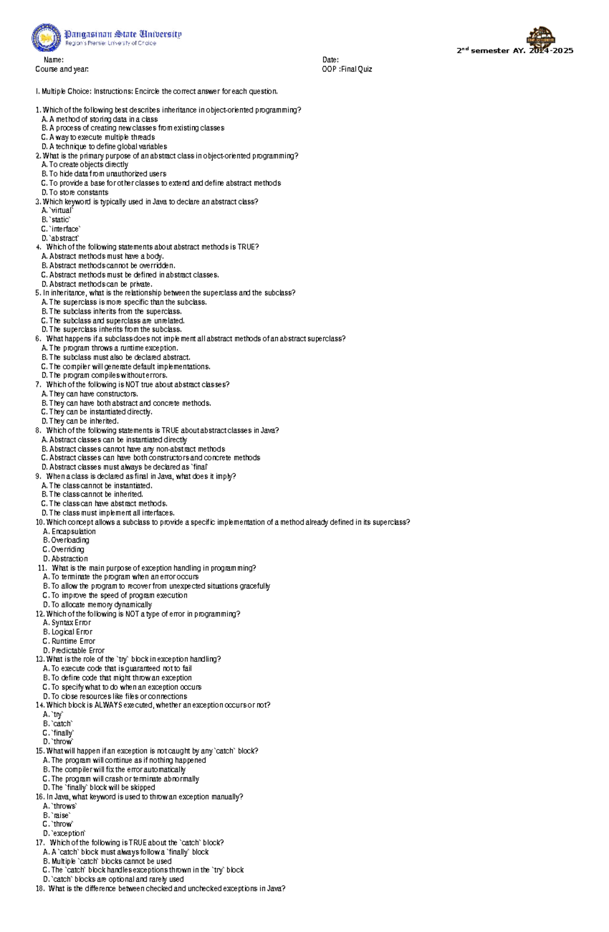 OOP 2nd Sem AY: Final Quiz I - Object Oriented Programming Exam - Studocu
