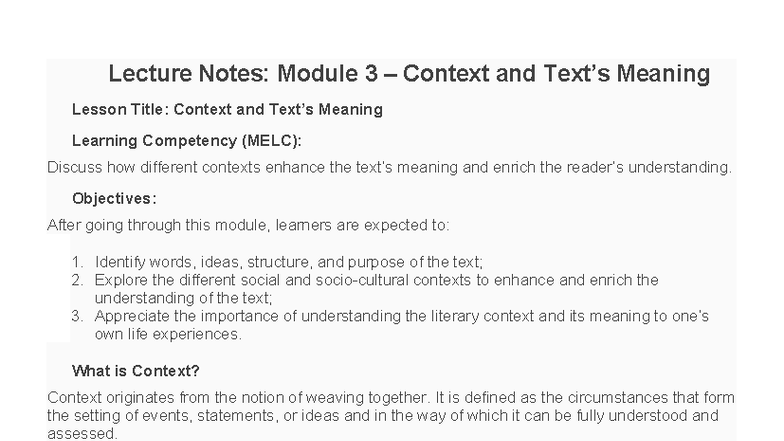 Lecture Notes: Module 3 - Context and Meaning Analysis - Studocu