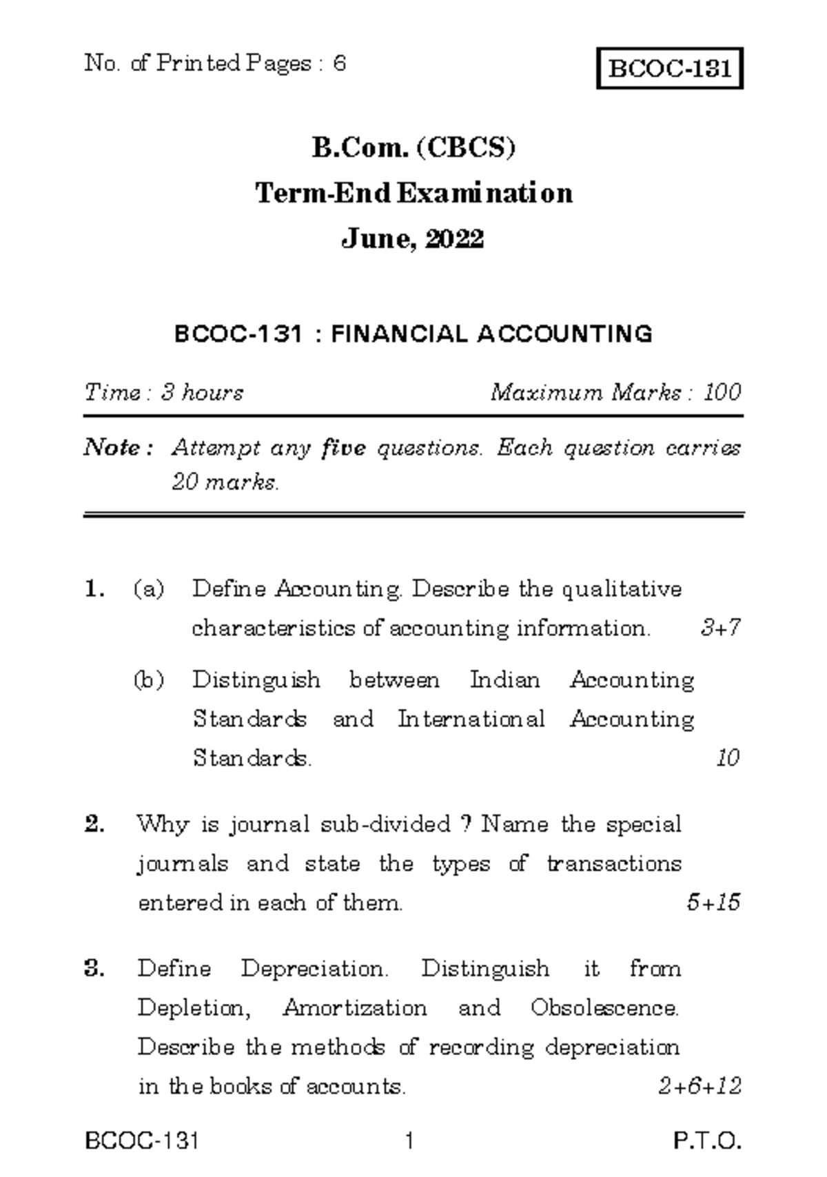 BCOC-131 Financial Accounting Term End Exam Question Paper 2022 - Studocu
