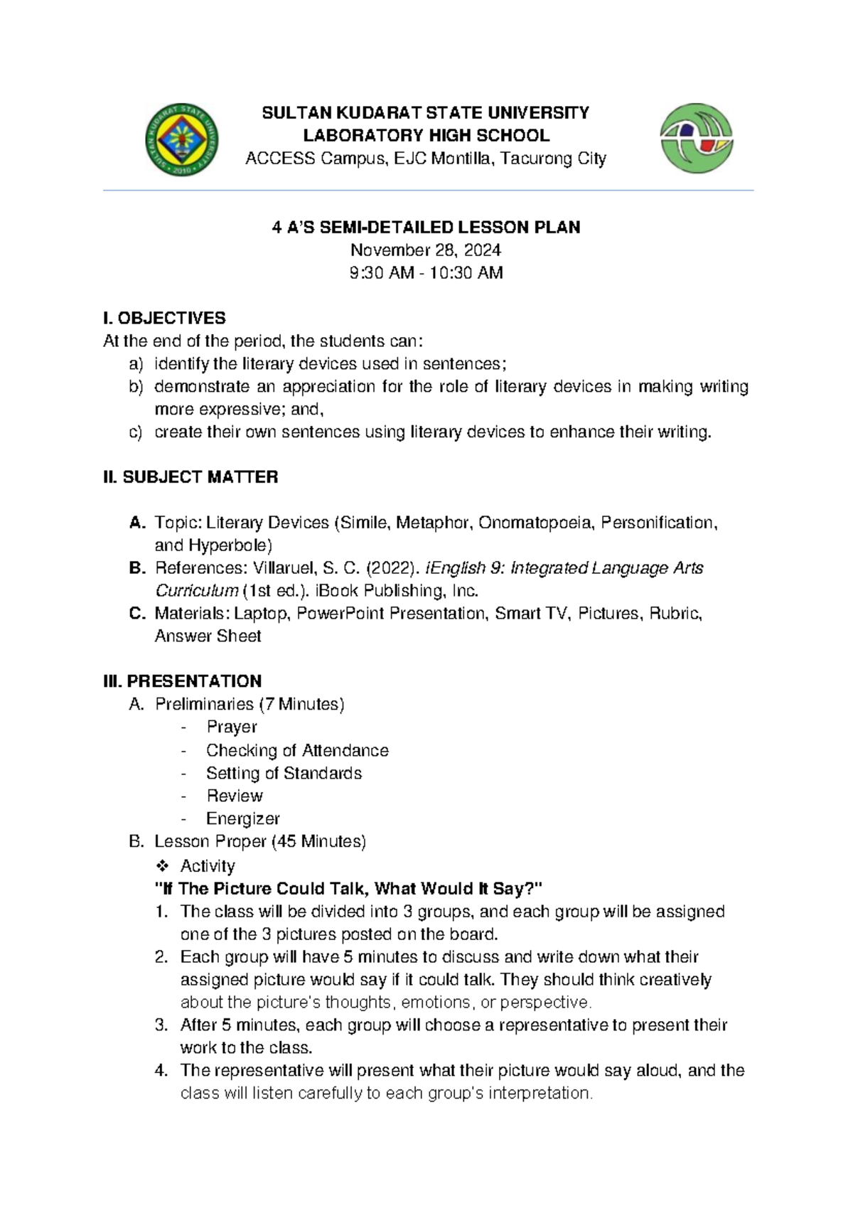 G9-LP2 - Literary Devices Lesson Plan - SULTAN KUDARAT STATE UNIVERSITY LABORATORY HIGH SCHOOL ...