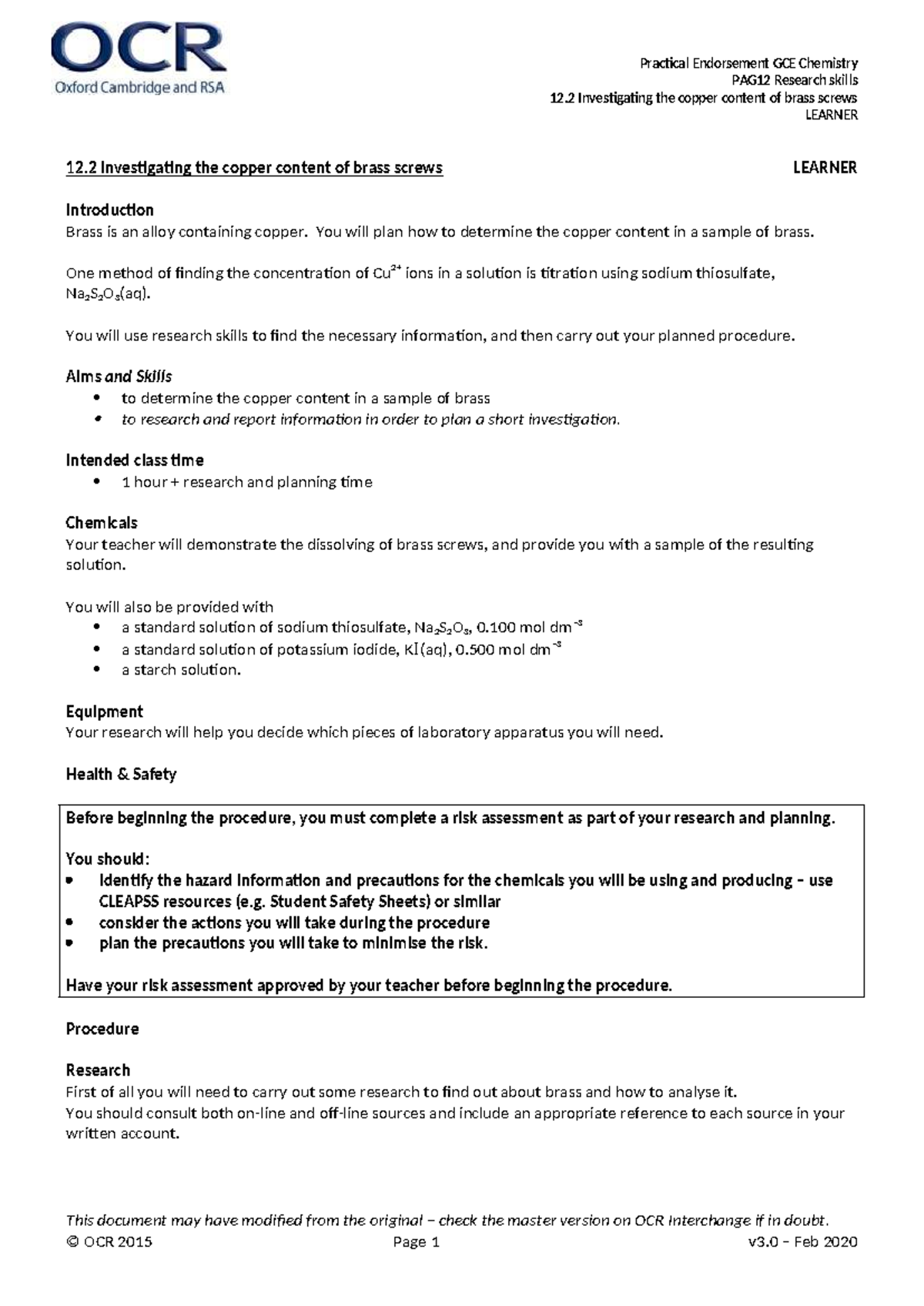 GCE Chemistry PAG12 Practical Endorsement: Investigating Copper in ...