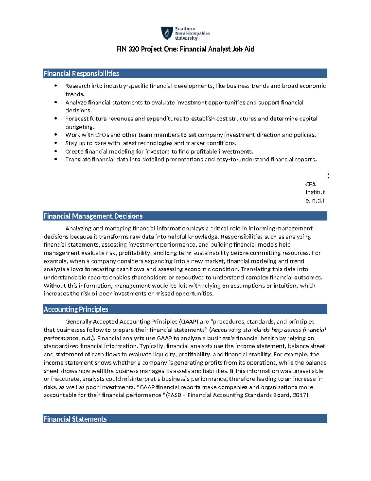 FIN 320 Project One: Financial Analyst Responsibilities & Insights ...