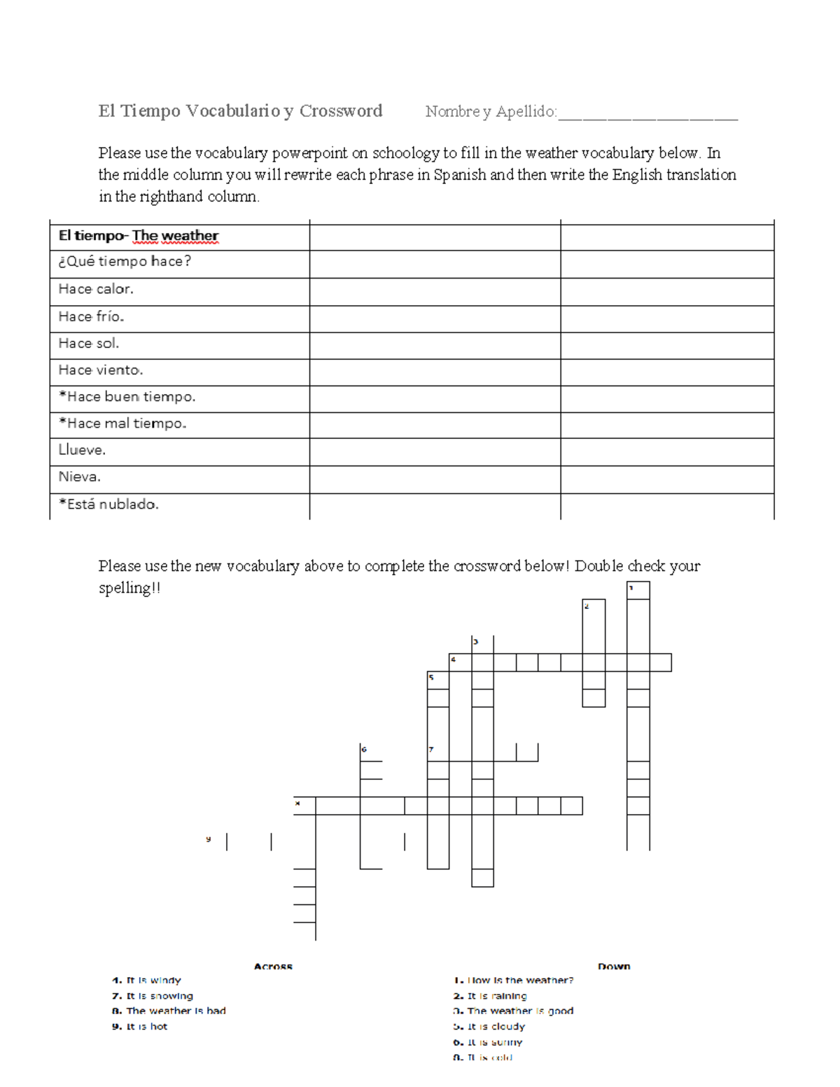 Final Exam Review - Course Code: [Insert Course Code Here] - El Tiempo Vocabulario y Crossword ...