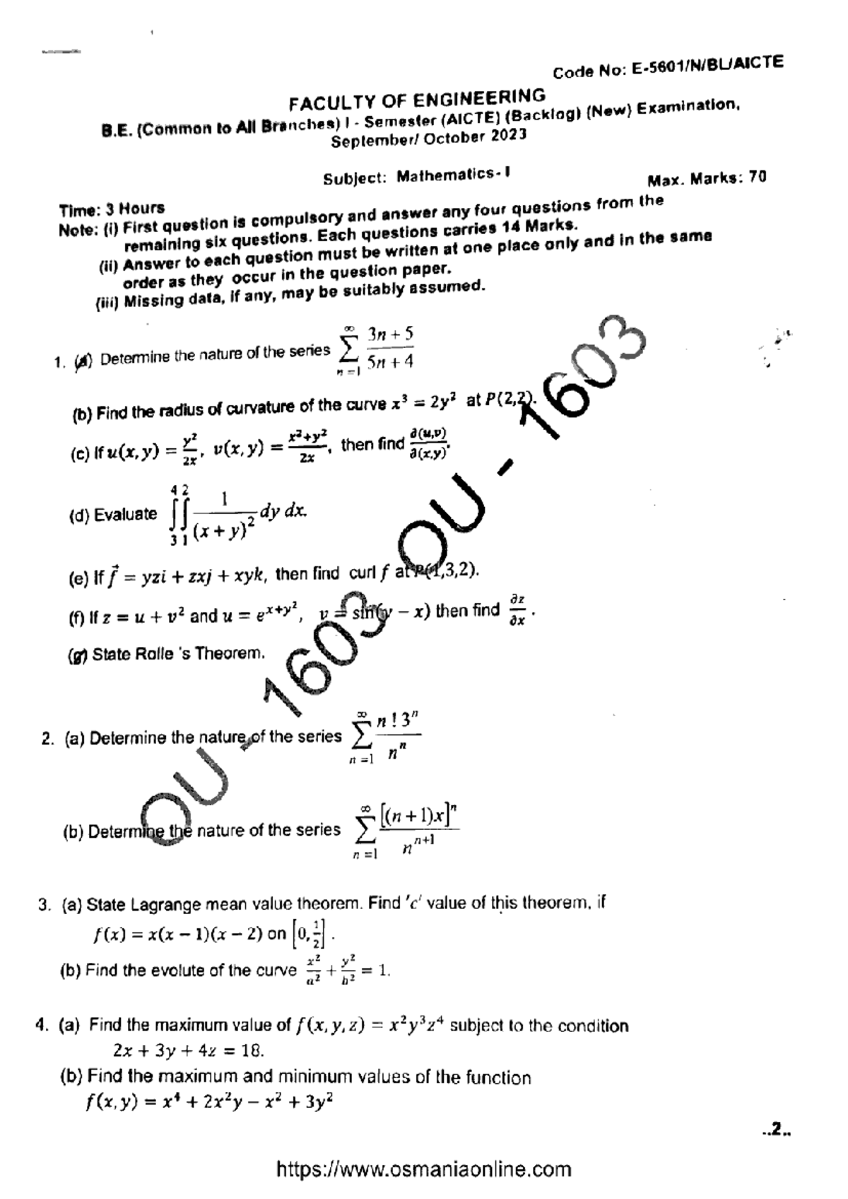 B.E. 1st Sem Mathematics 1 (E5601) Exam Paper - Oct 2023 - Studocu