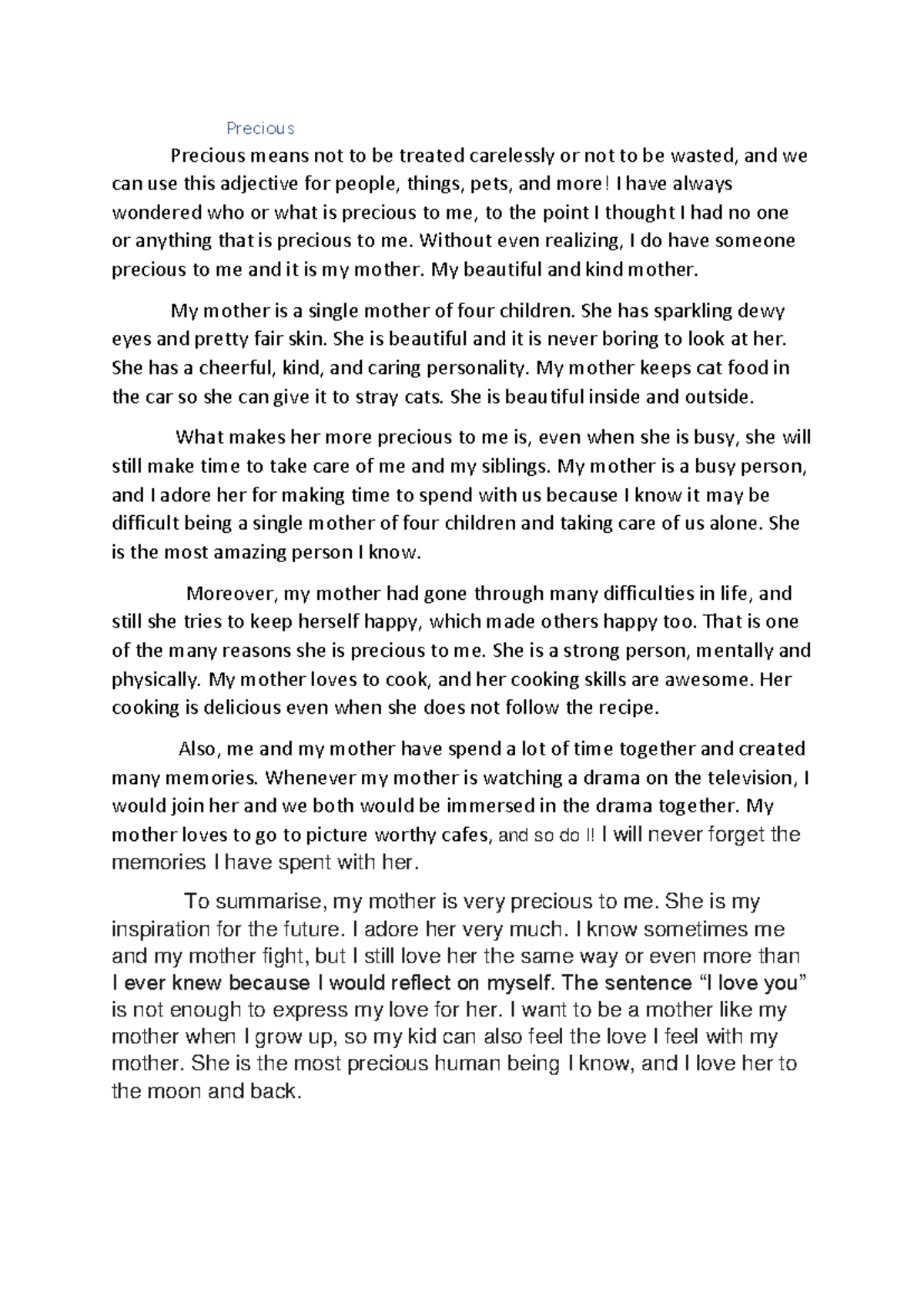 SAMPLE ESSAYS ENGLISH: The Precious Bond with My Mother - Studocu