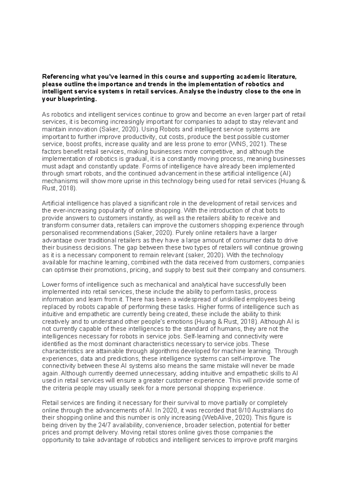 BUS225 Reflective Essay on Robotics & AI Trends in Retail Services ...