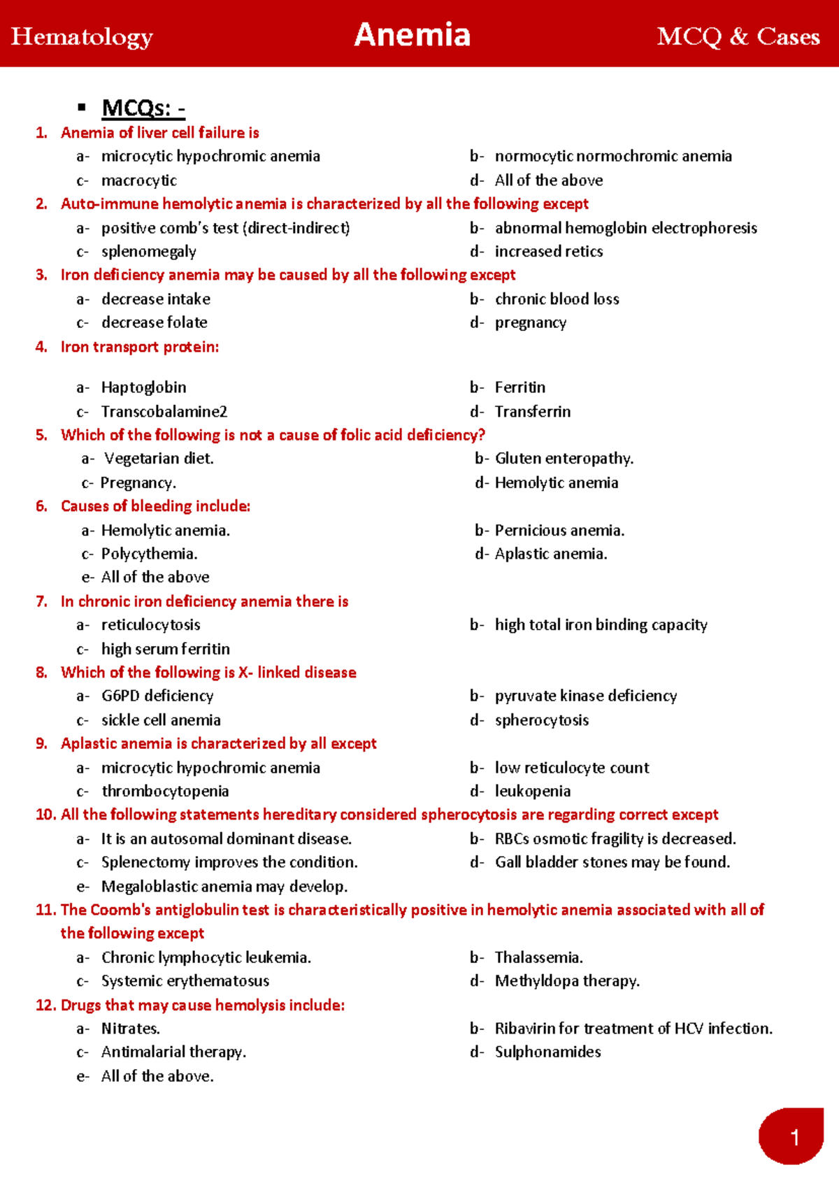 Hematology Course (HEM 101): Anemia MCQs and Case Studies for Review ...