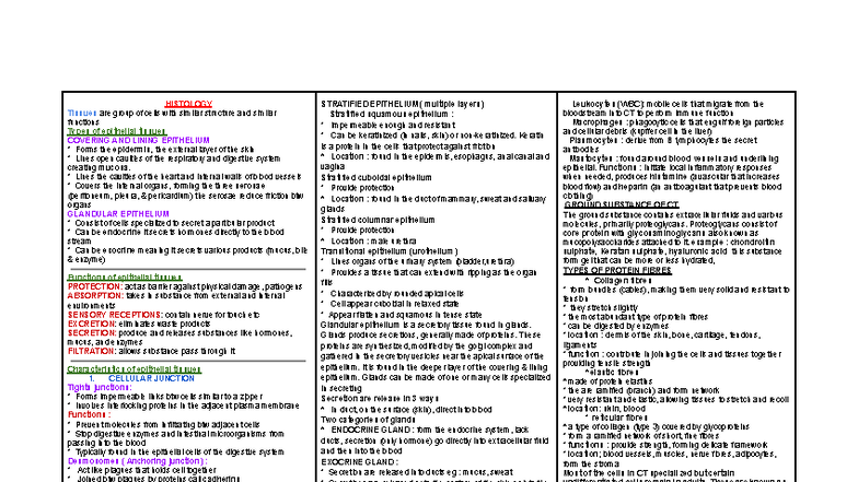 HISTOLOGY: Comprehensive Summary Notes for Exam Preparation - Studocu