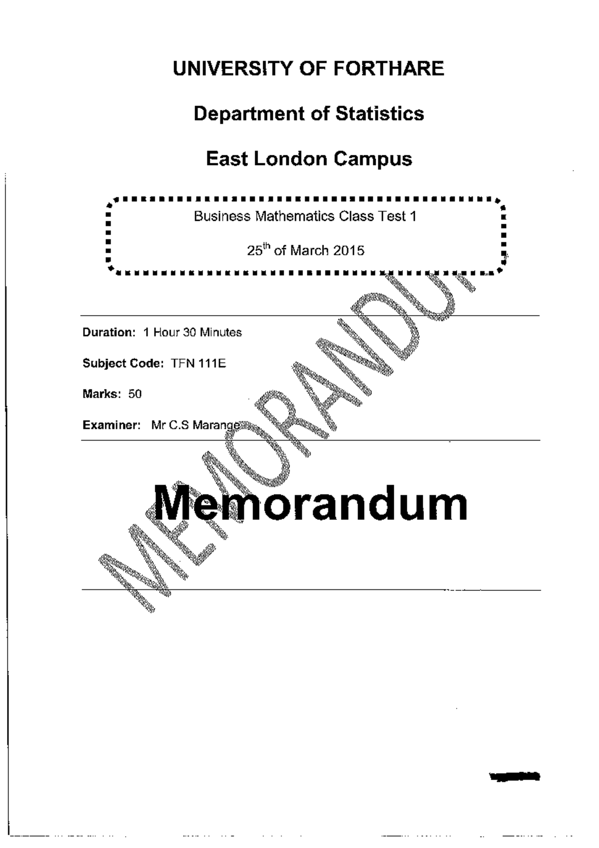 Class Test 1 Memo 2015 - TFN Business Mathematics - Studocu