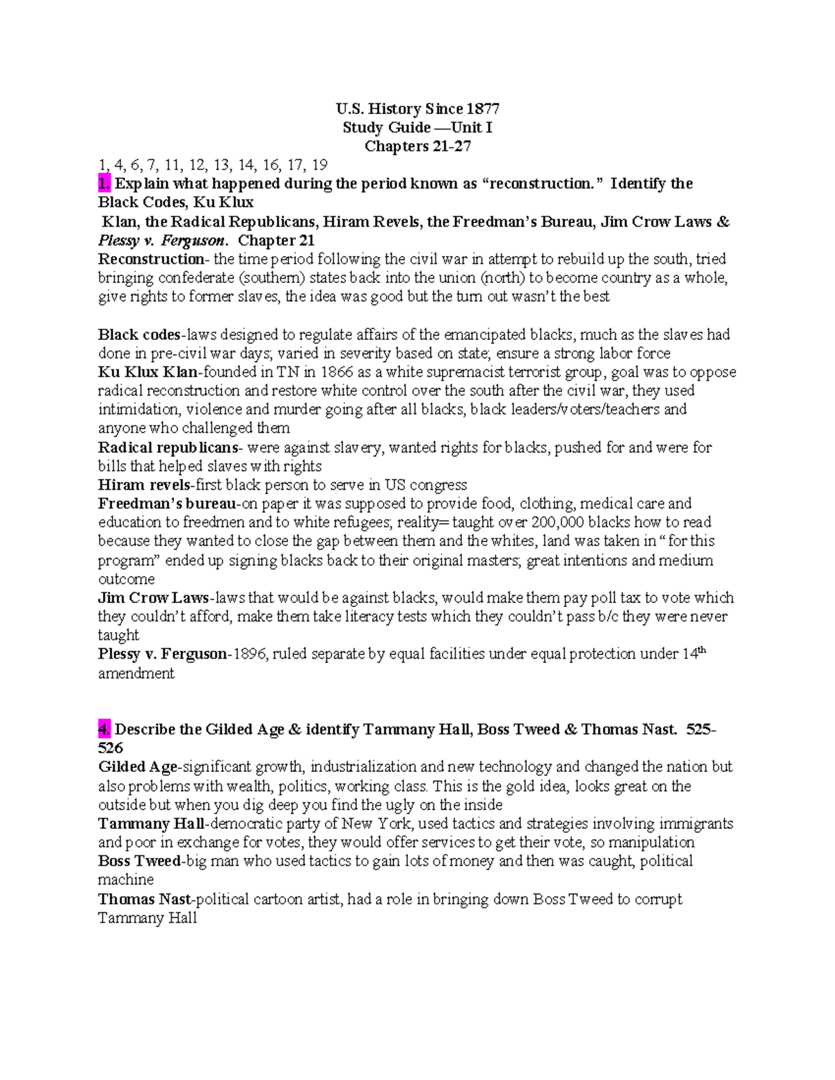 U.S. History Since 1877 Study Guide I: Key Topics & Events (Chapters 1 ...