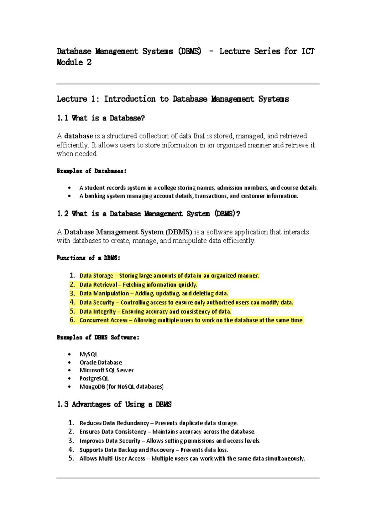 Database Management Systems (DBMS) ICT Module 2 Lecture Series Overview - Studocu