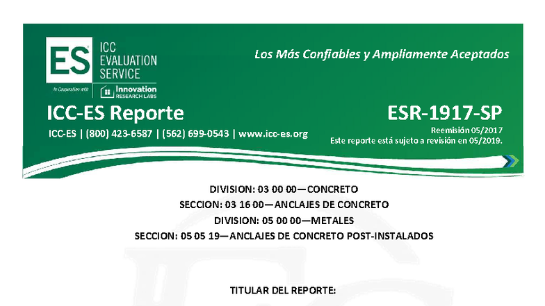 Reporte de Evaluación ICC ESR-1917-SP: Anclajes Hilti Kwik Bolt TZ ...