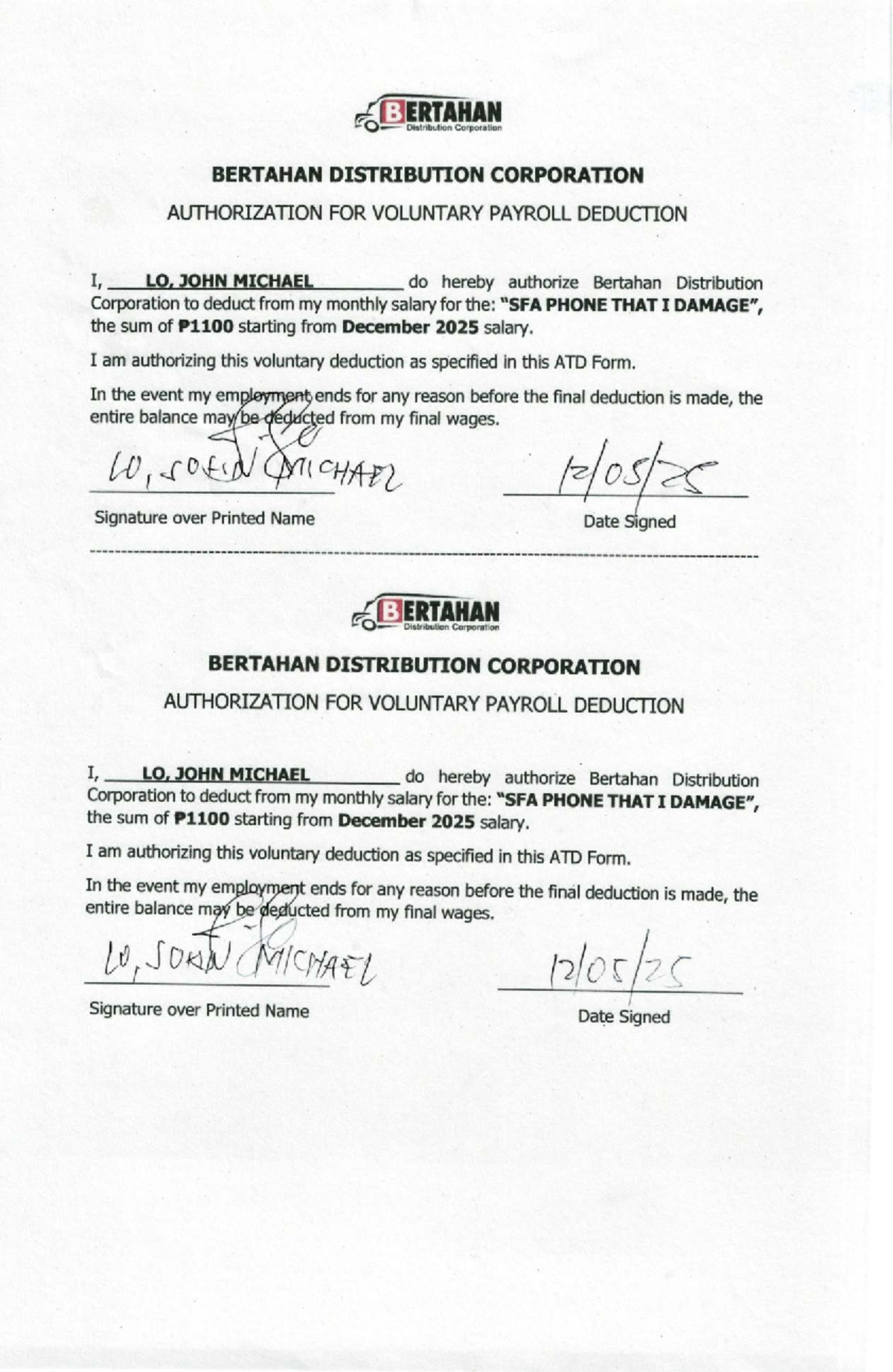 BERTAHAN Distribution Corp Payroll Deduction Authorization Form - Studocu