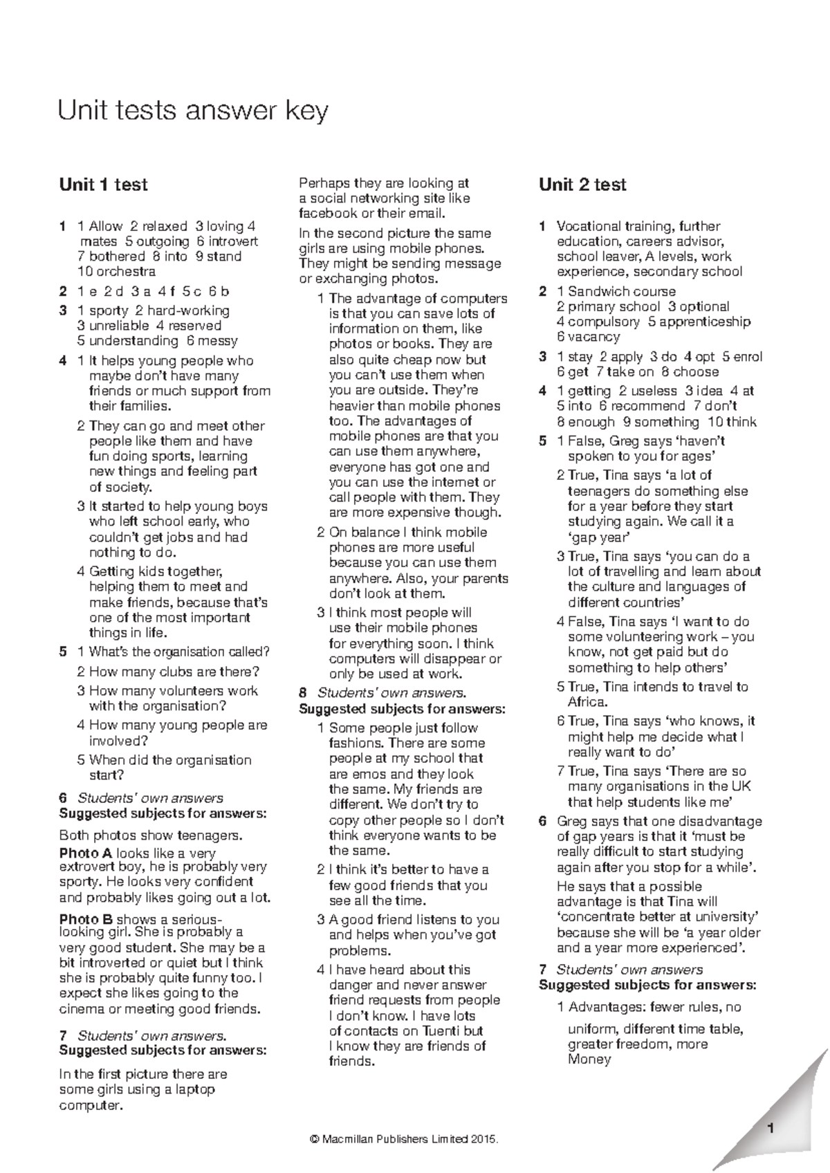 Unit Test Answer Key - Odpowiedzi for Units 1 to 14 - Studocu