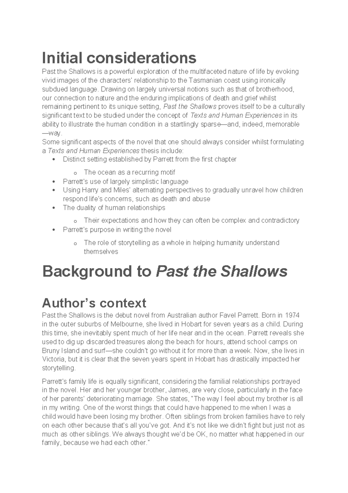 Past the Shallows: Insights on Texts and Human Experiences for TAHE ...