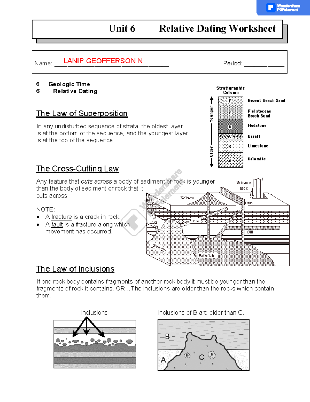 ACT-7 - Worksheet about relative dating - SW Science 10 Unit 6 Relative ...